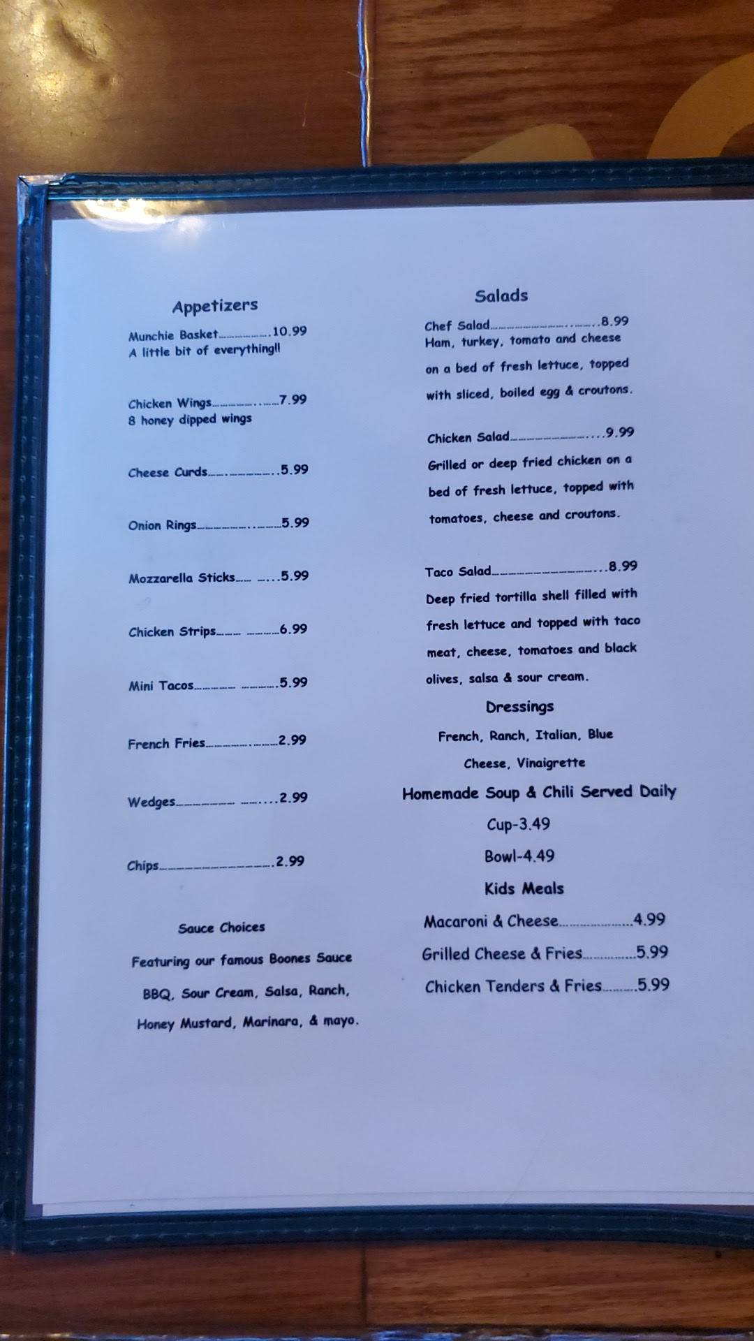 Menu at Boone's Saloon restaurant, Wisconsin Rapids