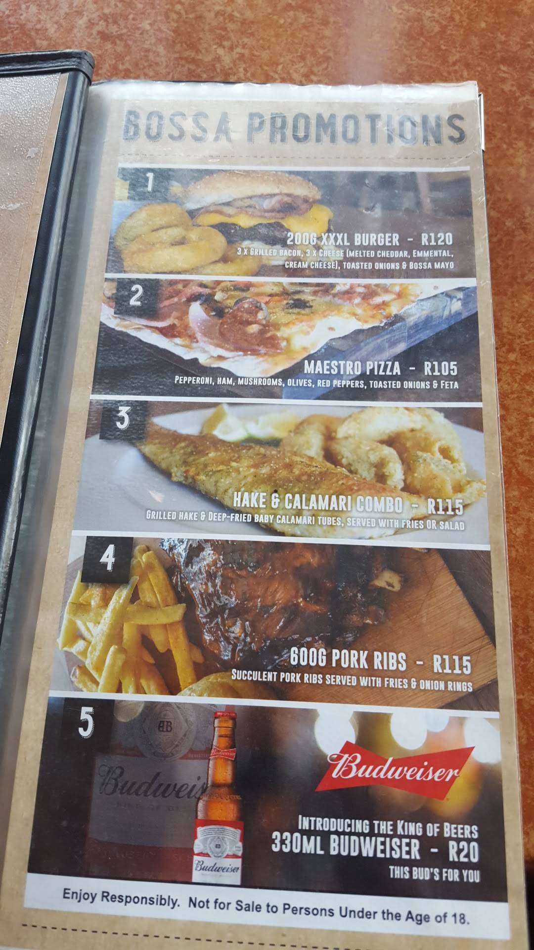 Menu at Bossa Tyger Falls restaurant, Cape Town, Shop 2