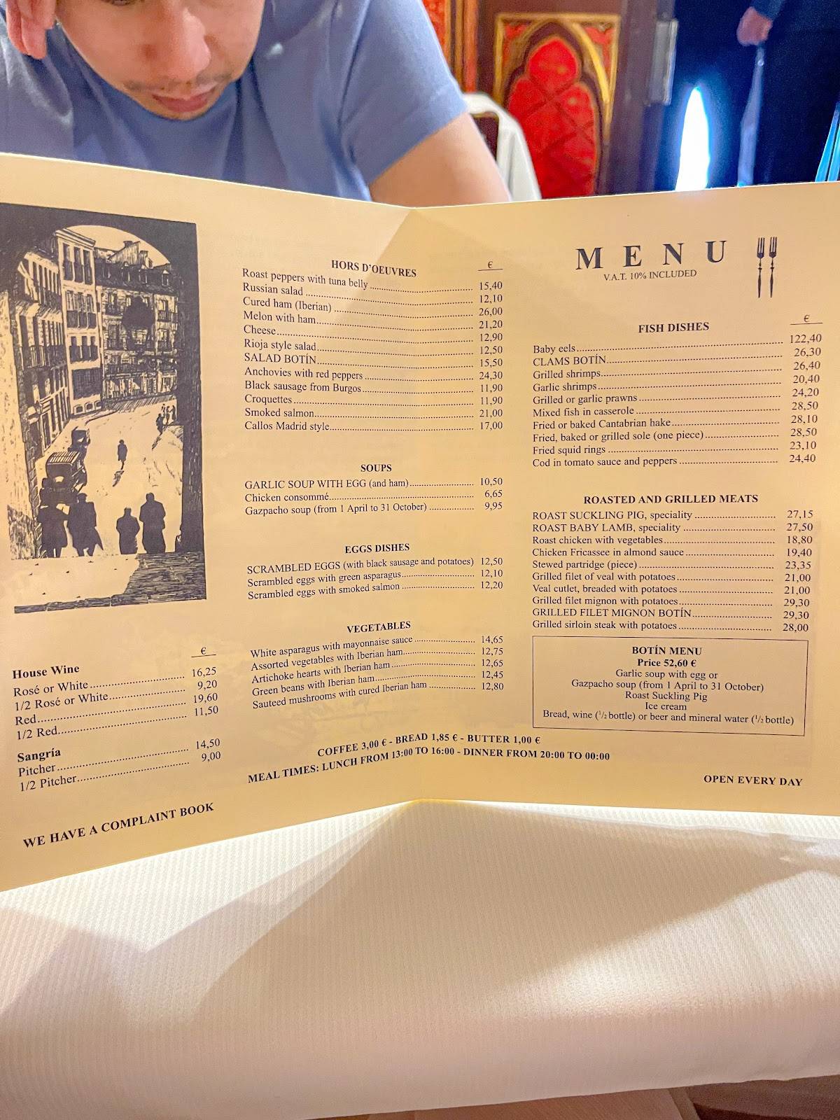 Menu at Botín steakhouse, Madrid, C. de Cuchilleros