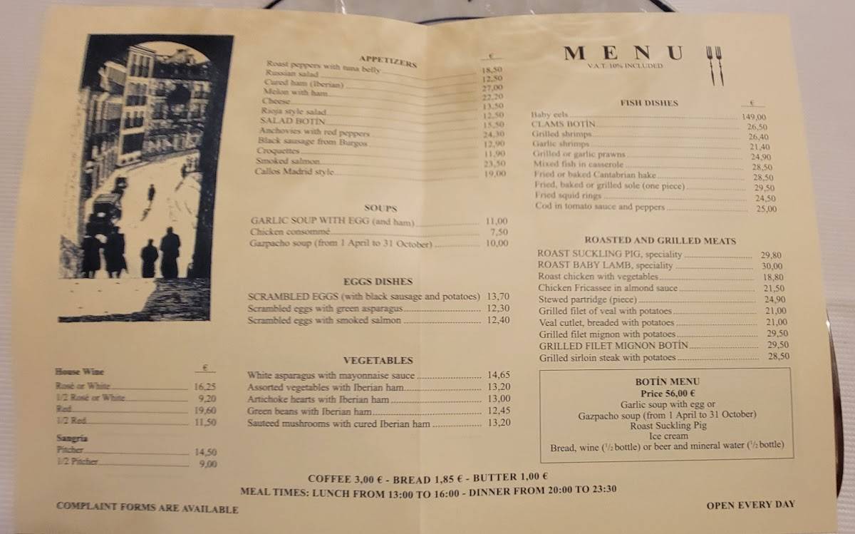 Menu at Botín steakhouse, Madrid, C. de Cuchilleros