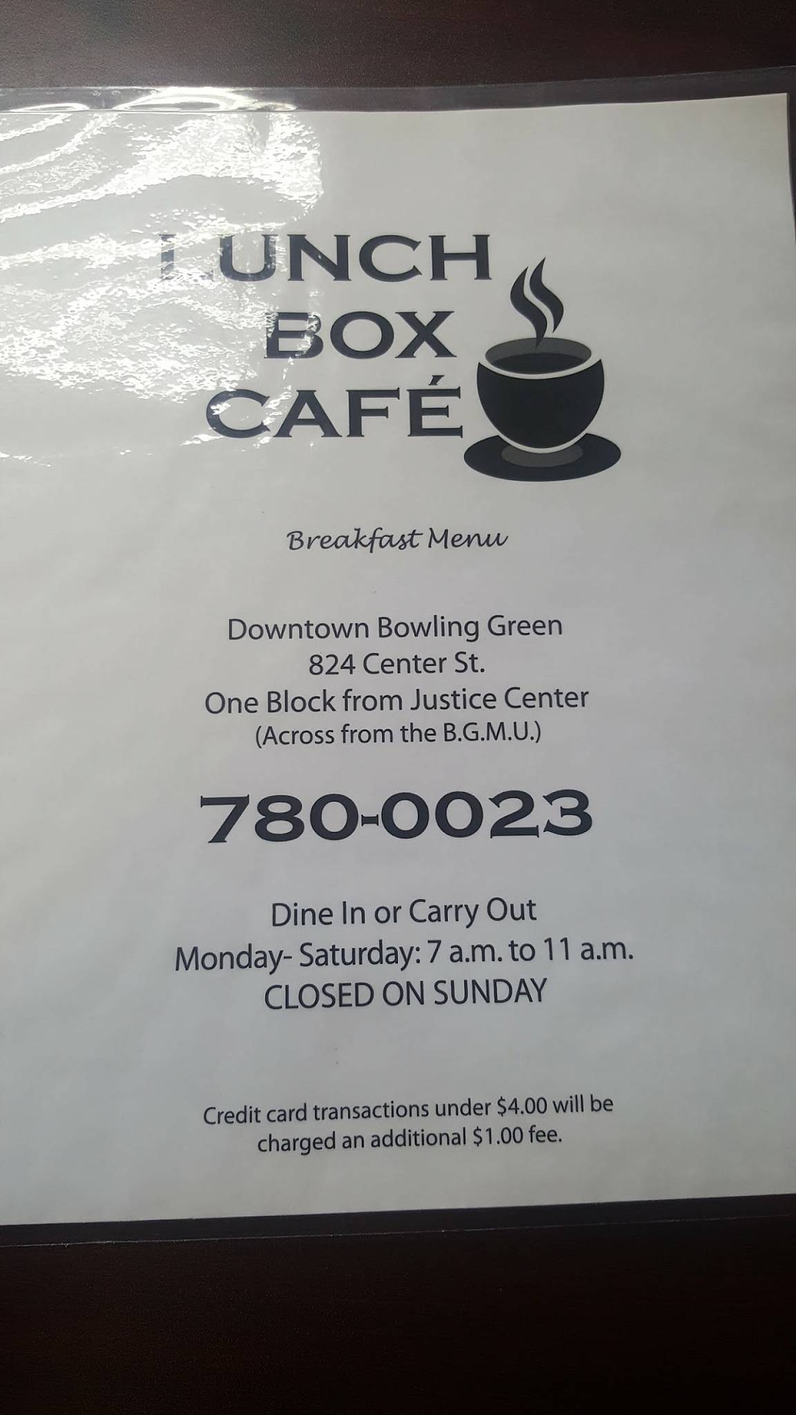 Menu at Lunch Box Cafe, Bowling Green