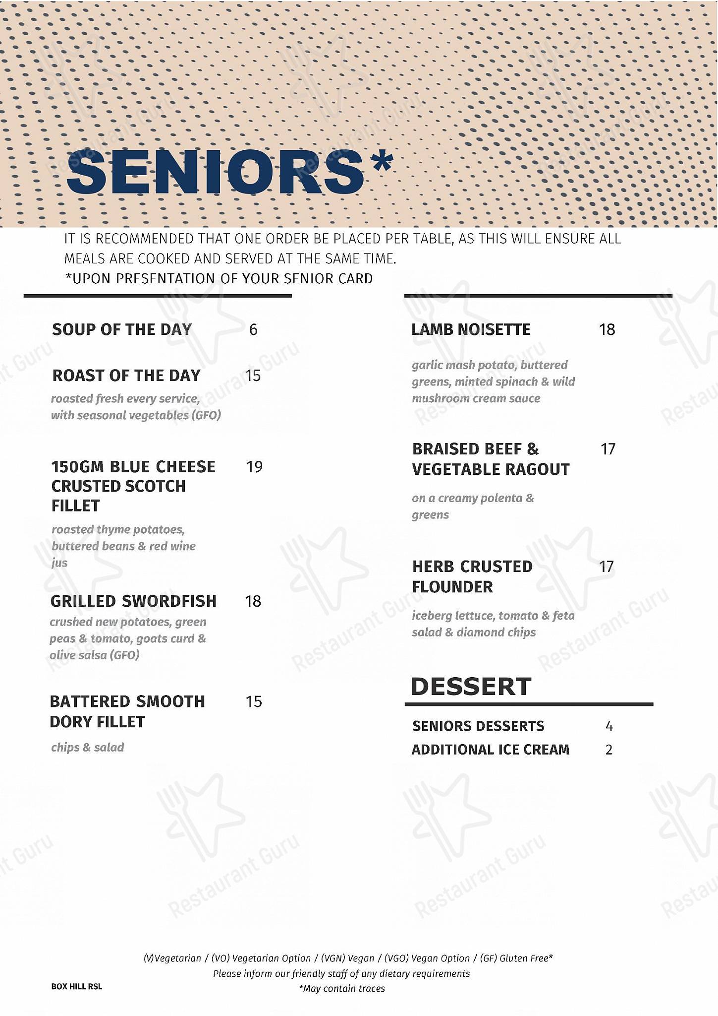 Menu at The Bistro restaurant, Box Hill