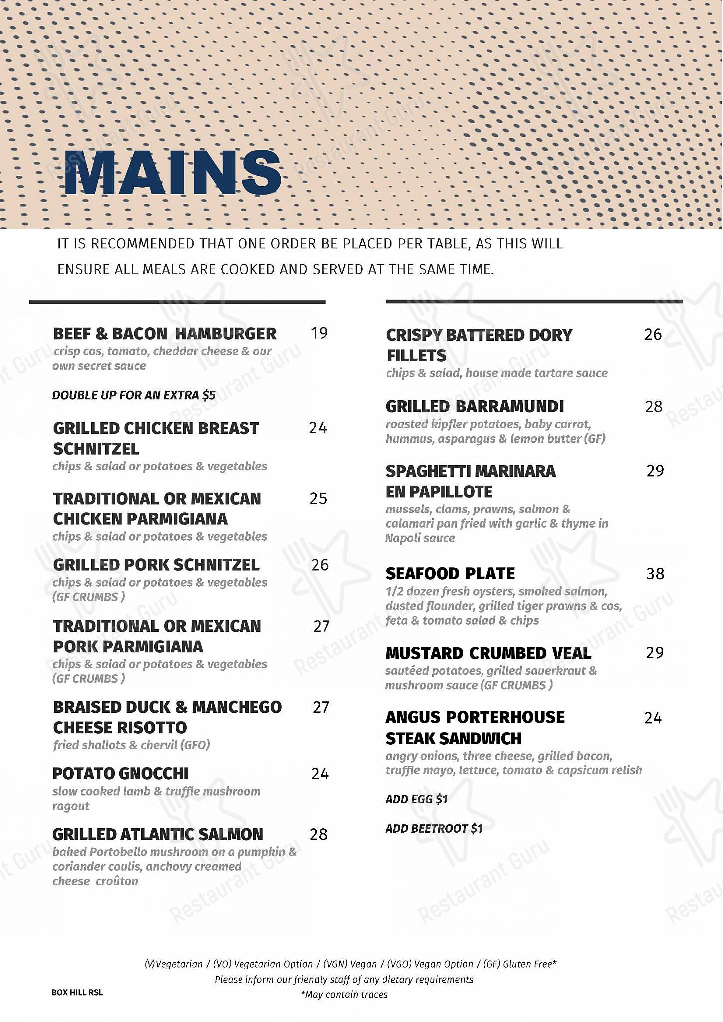 Menu at The Bistro restaurant, Box Hill