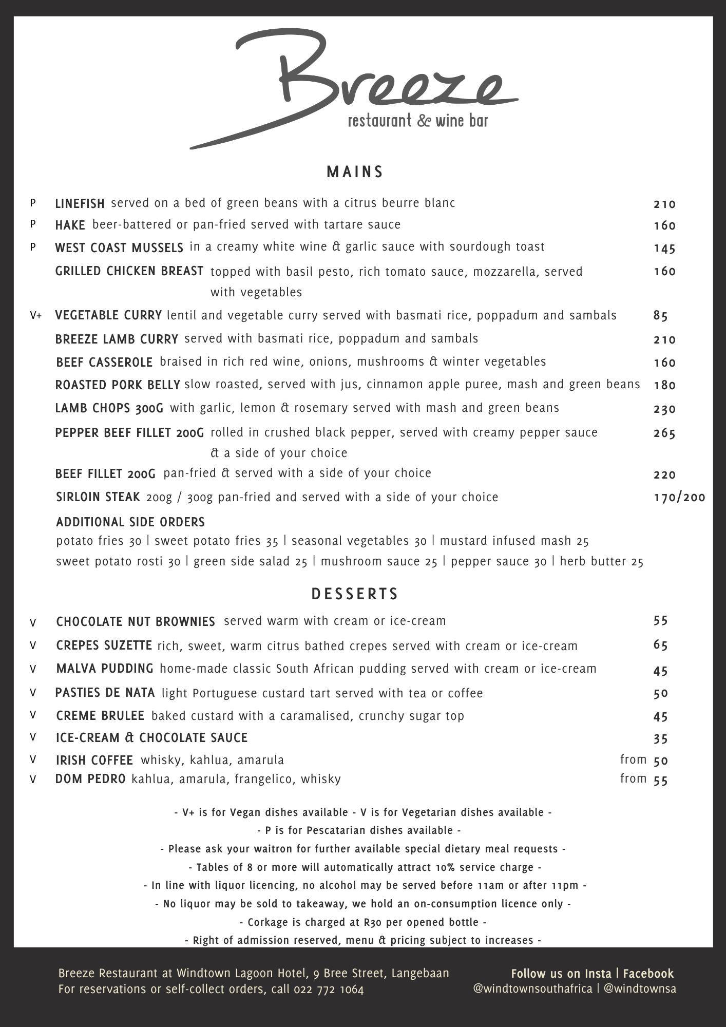 Carta de Breeze Restaurant, Langebaan