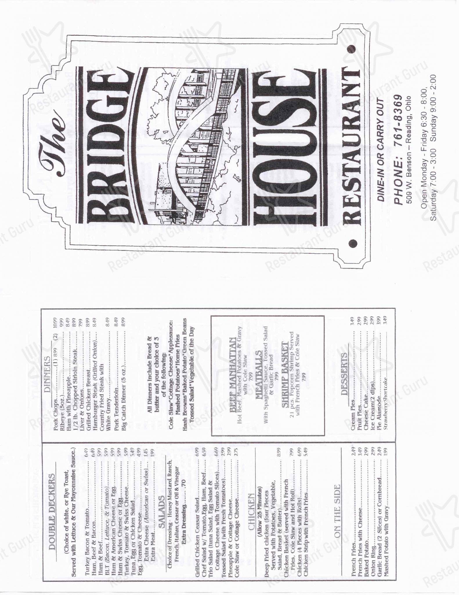 Menu at Bridge House Restaurant, Cincinnati