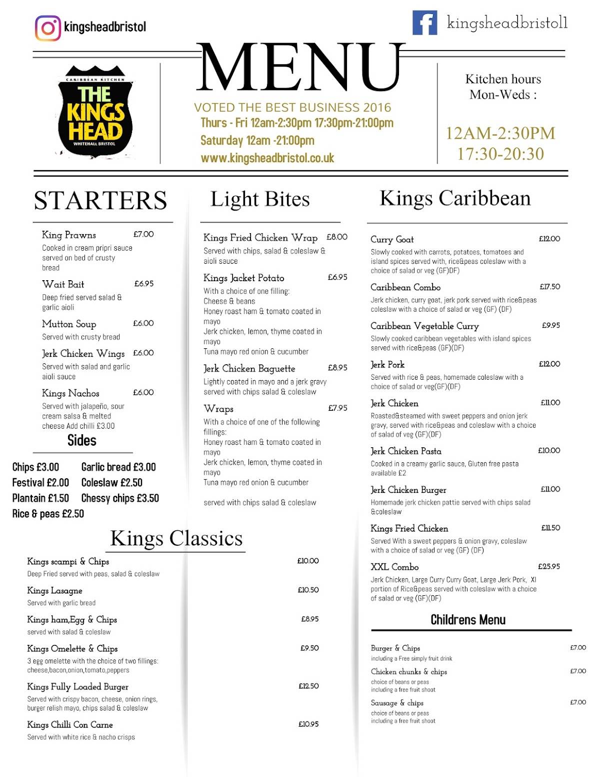 Menu at The Kings Head pub & bar, Bristol, Kings Head