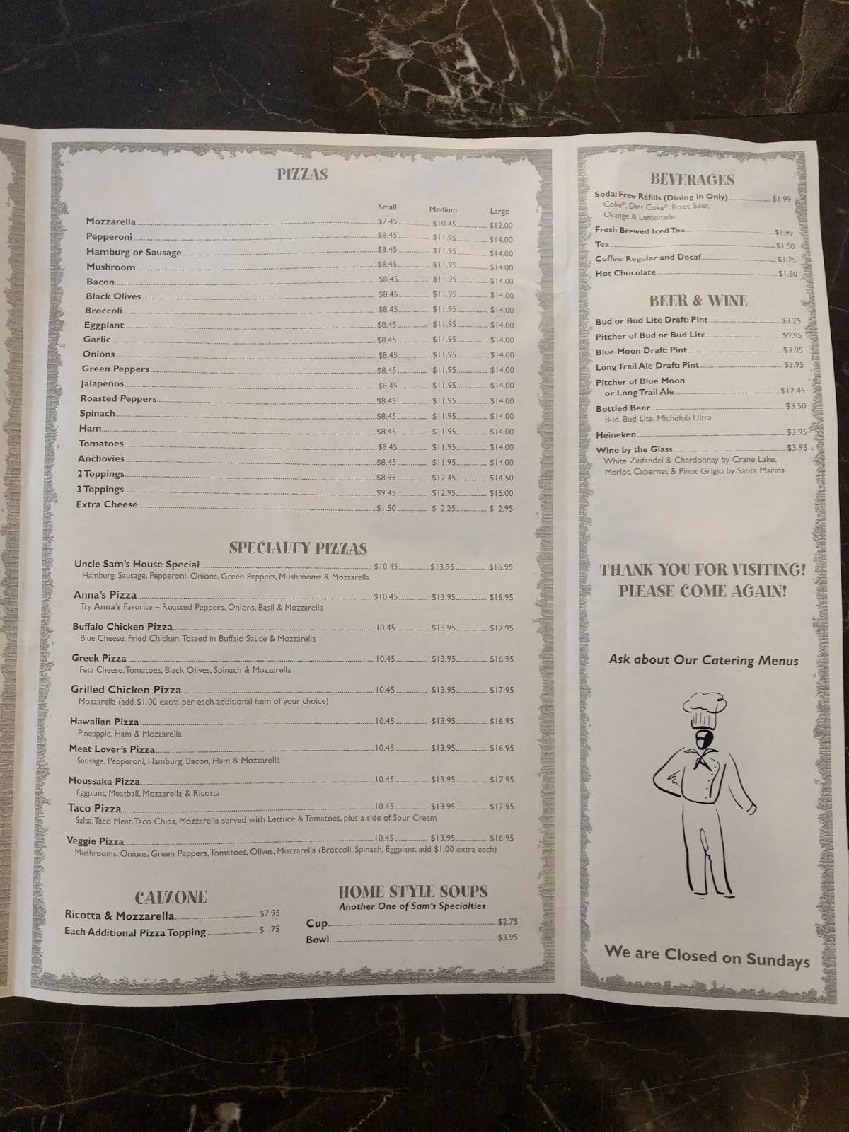 Menu at Uncle Sam's Restaurant, Bristol