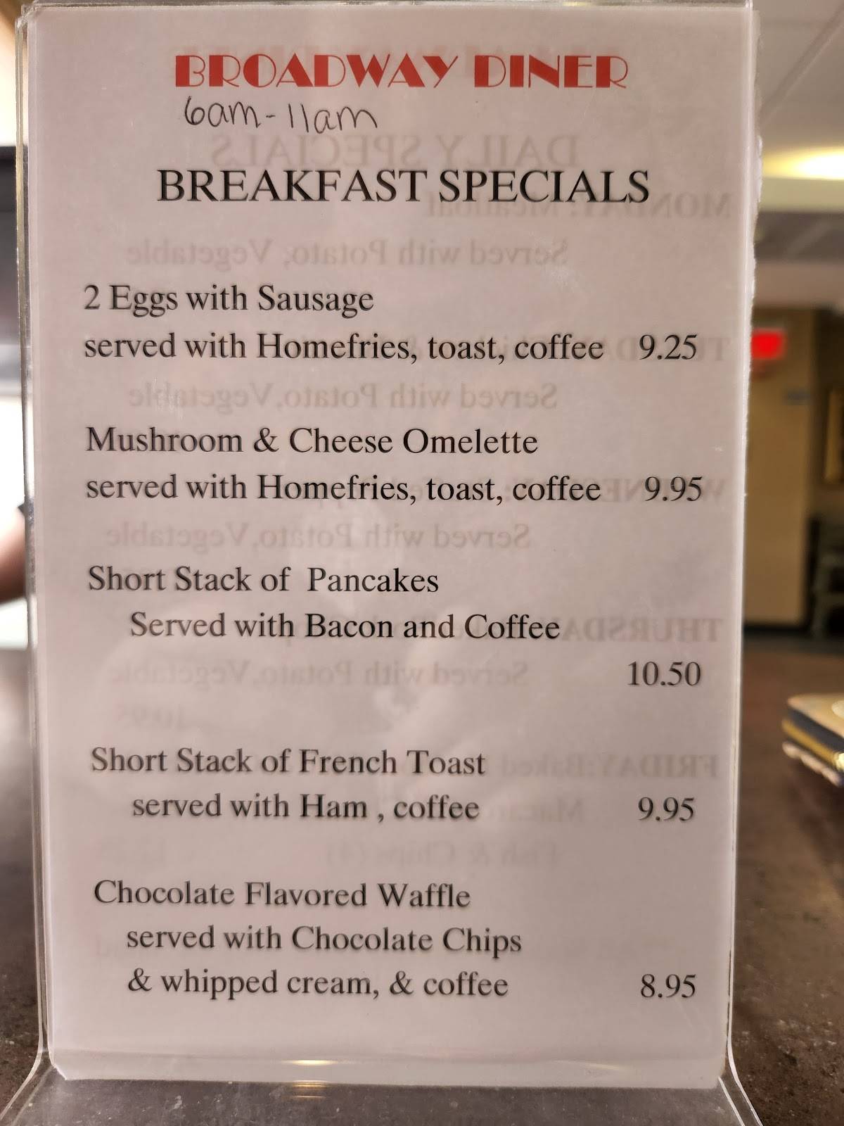 Menu at Broadway Diner restaurant, Endwell