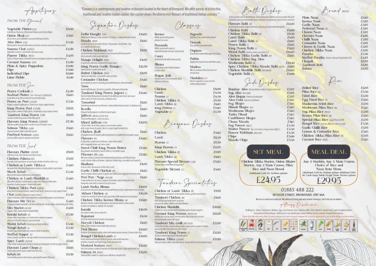 Menu at Flavours restaurant, Bromyard