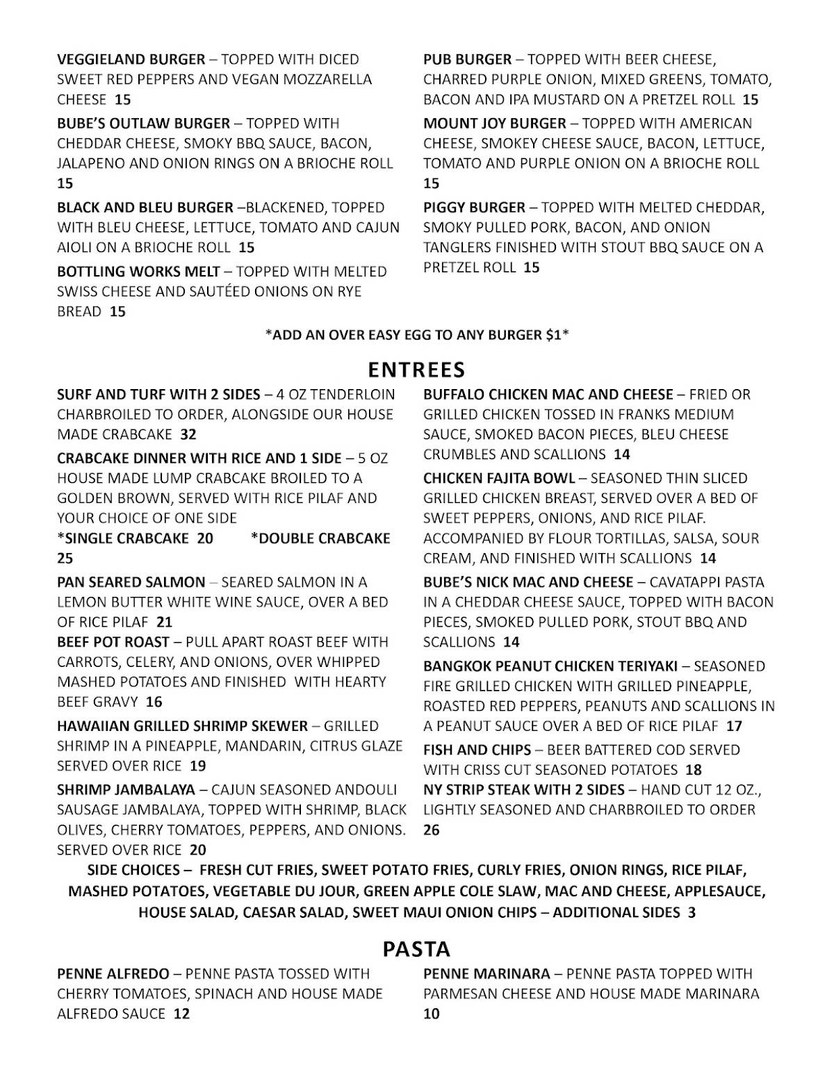 Menu at Bube's Brewery pub & bar, Mount Joy, 102 N Market St