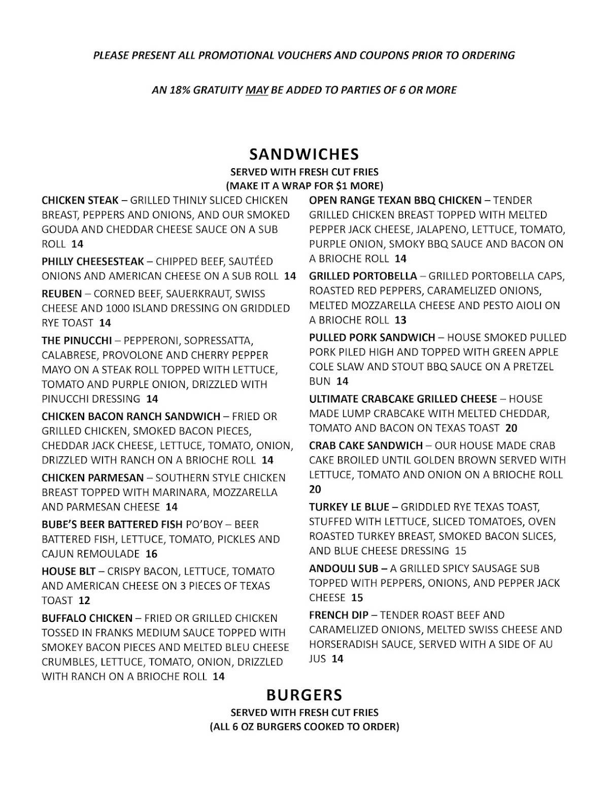 Menu at Bube's Brewery pub & bar, Mount Joy, 102 N Market St