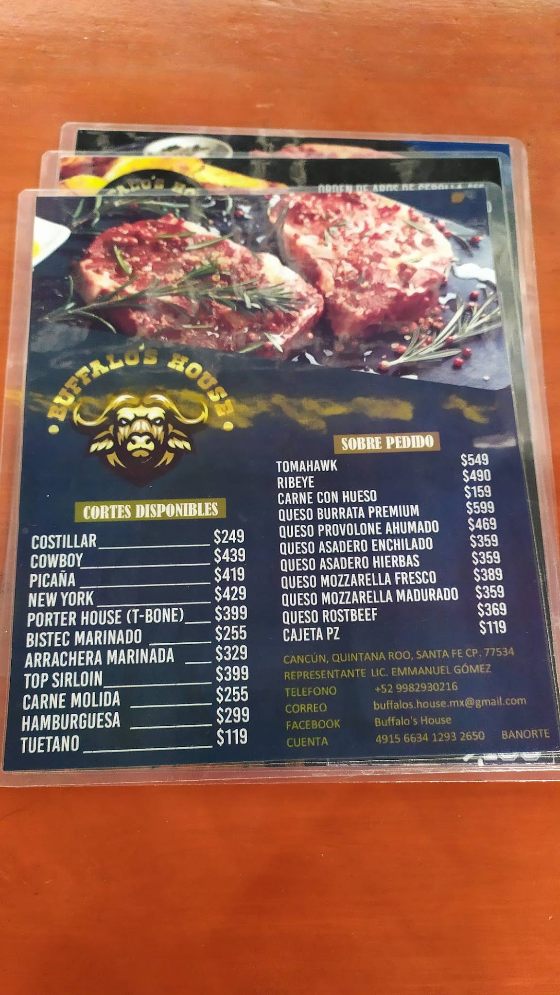 Carta del restaurante Buffalo's House, Cancún