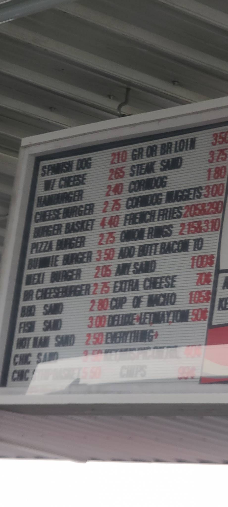 Menu at Bummie's Drive-In restaurant, Bluffton