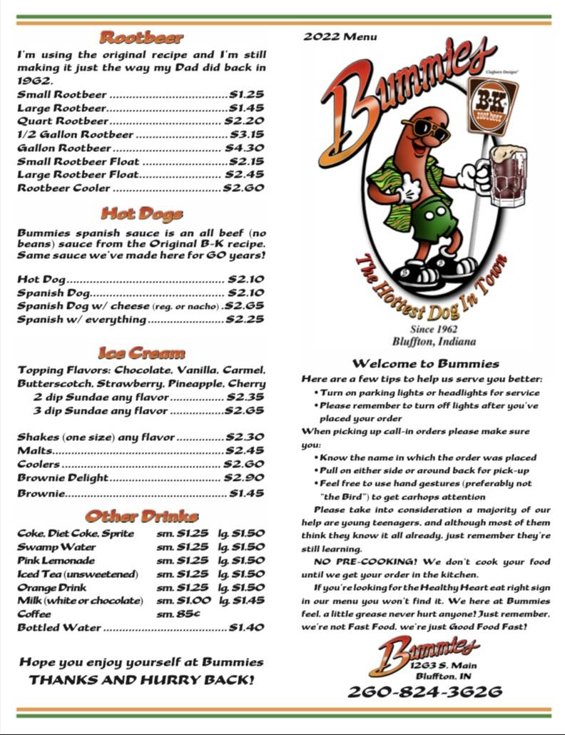 Menu at Bummie's Drive-In restaurant, Bluffton