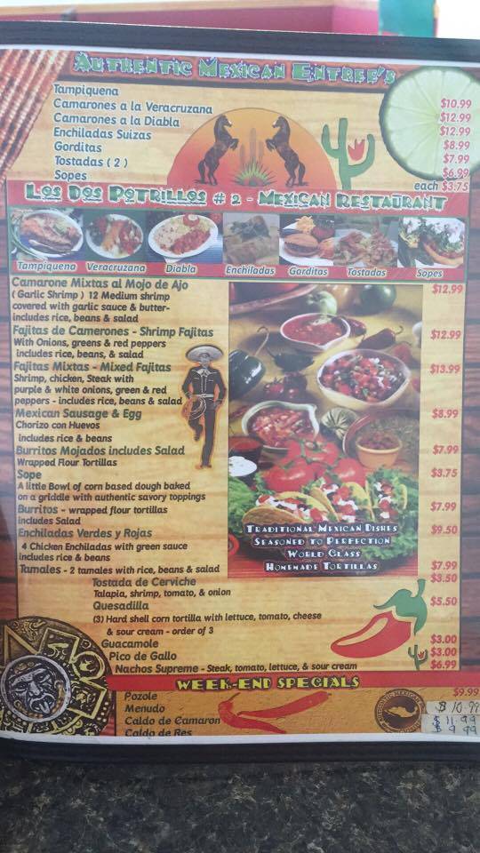 Menu at Los Dos Potrillos Mexican Restaurant, Bunnell