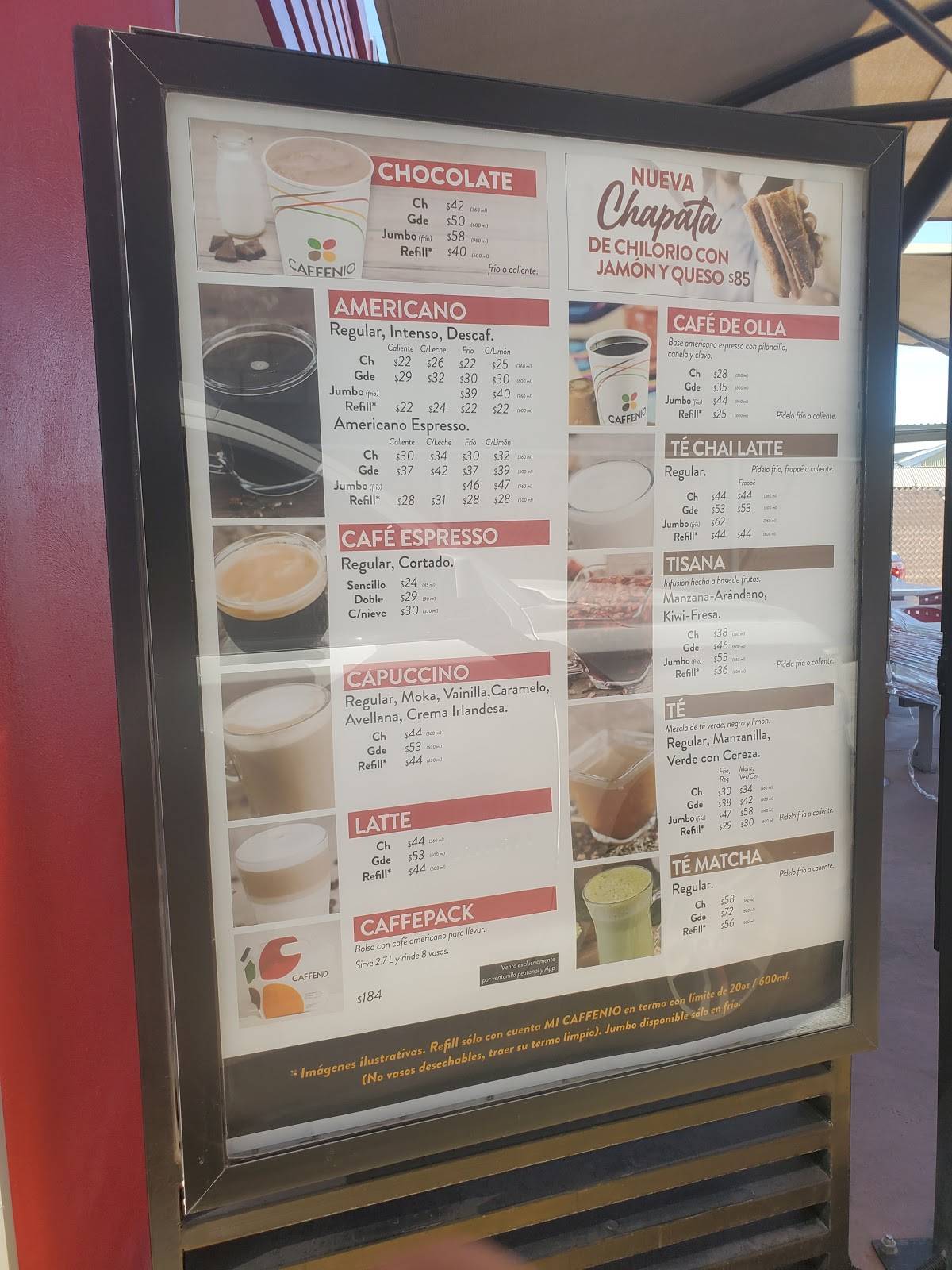 Carta de coffee house CAFFENIO Macristy, Mexicali