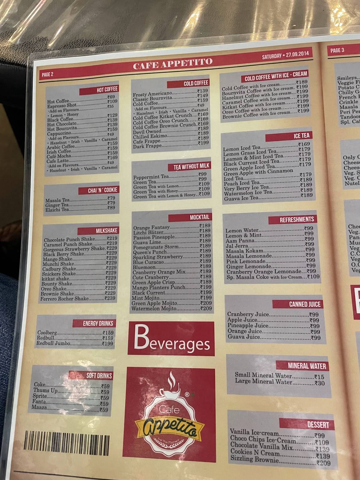 Menu at Cafe Appetito Casino, Vadodara