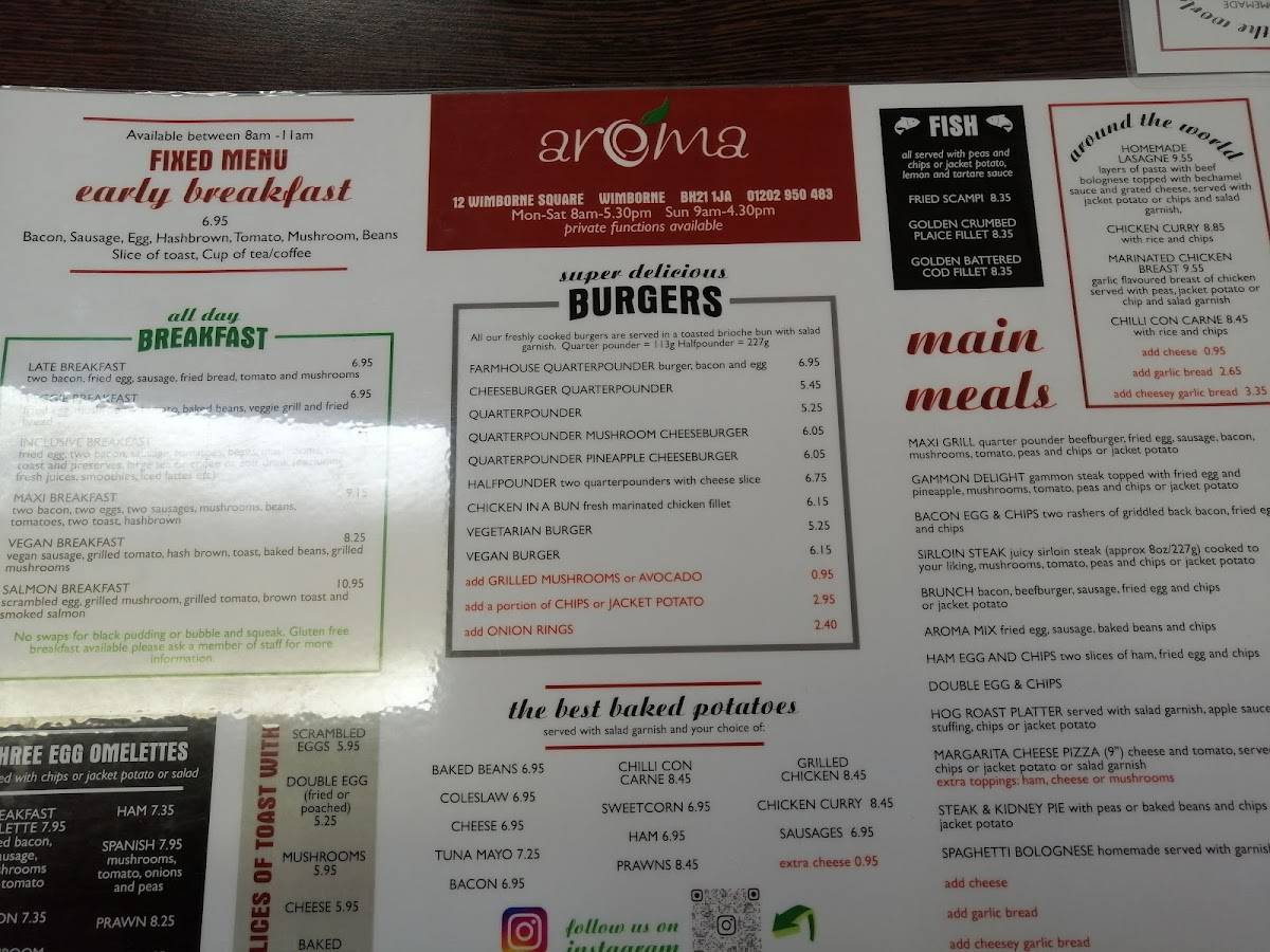 Menu at Cafe Aroma, Wimborne Minster