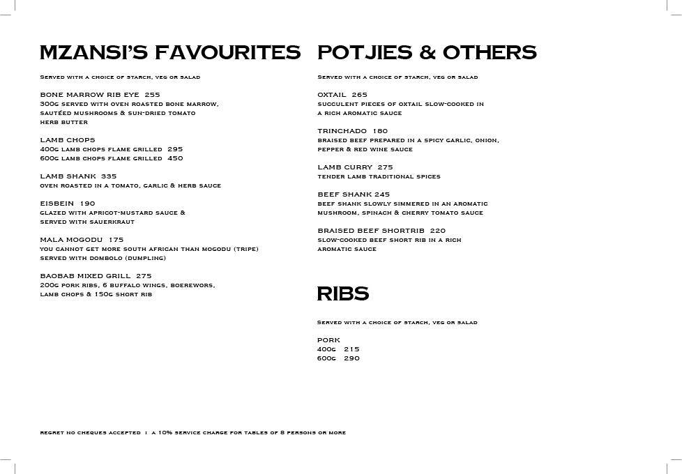 Menu at Baobab Cafe & Grill, Pretoria, Menlyn Shopping Centre