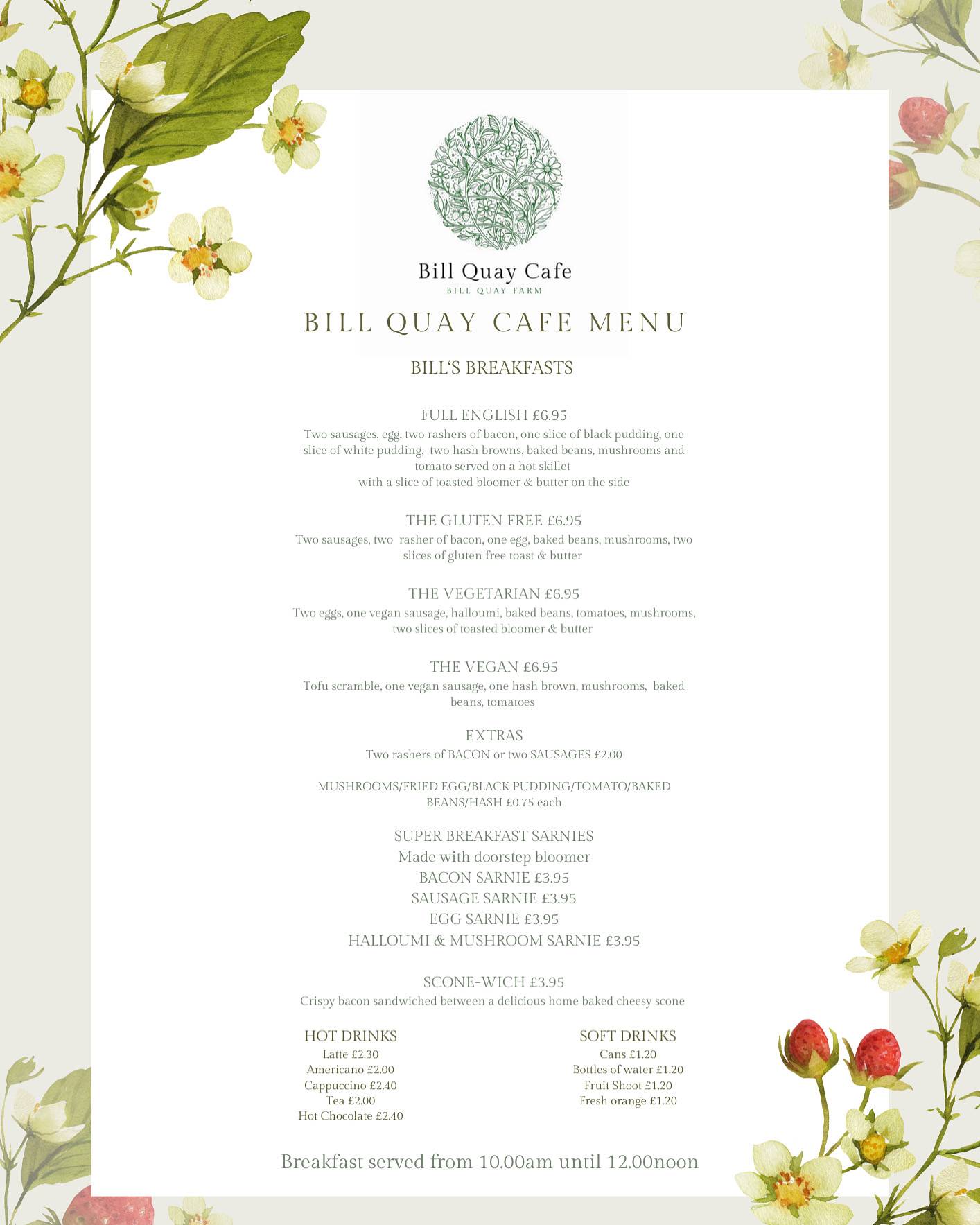 Menu at Bill Quay Cafe, Gateshead