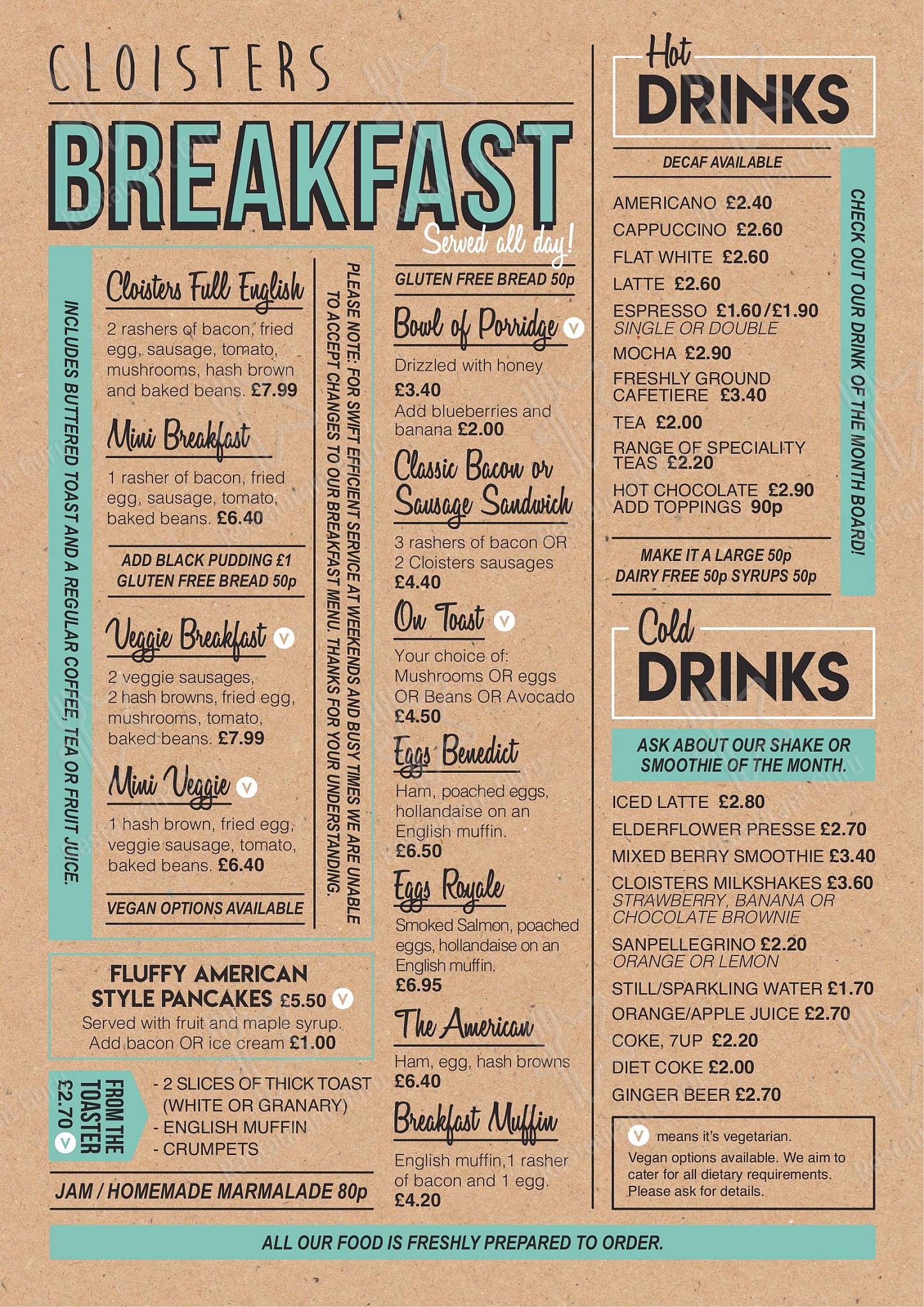 Menu at Cloisters cafe, Wimborne Minster