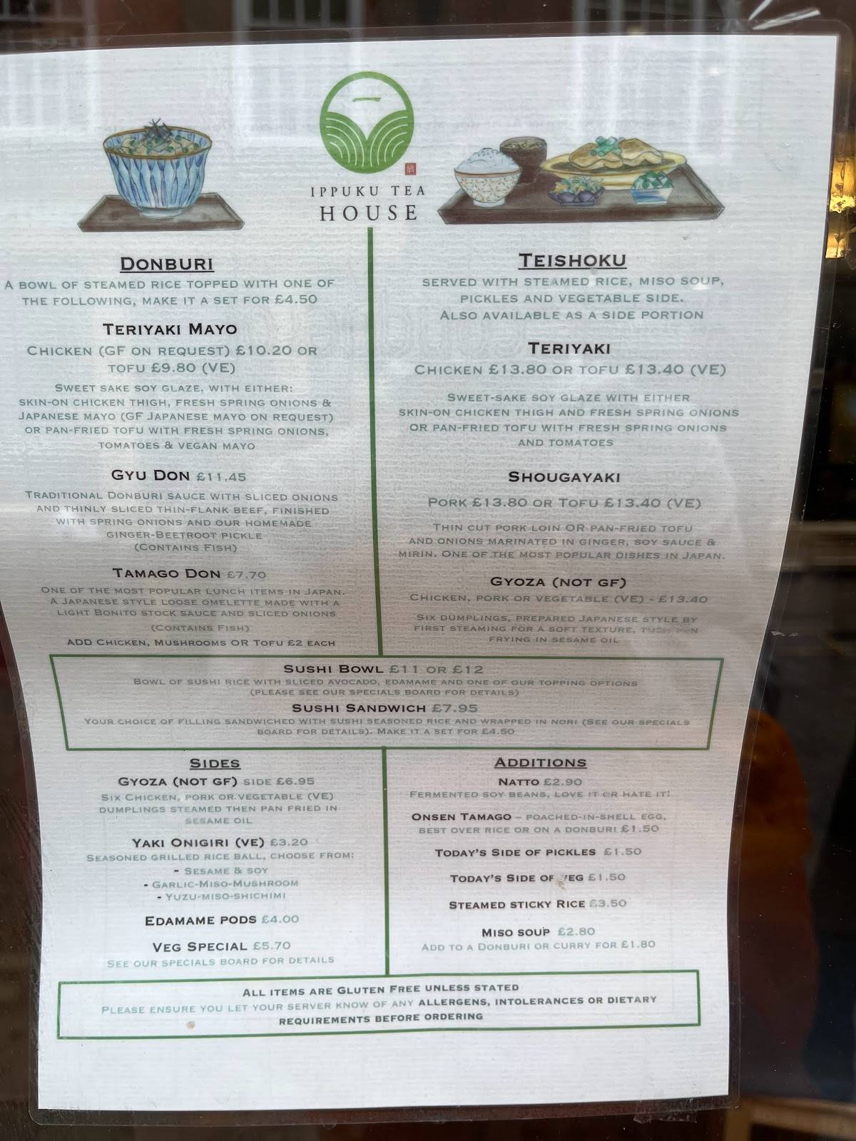 Menu at Ippuku Tea House cafe, York