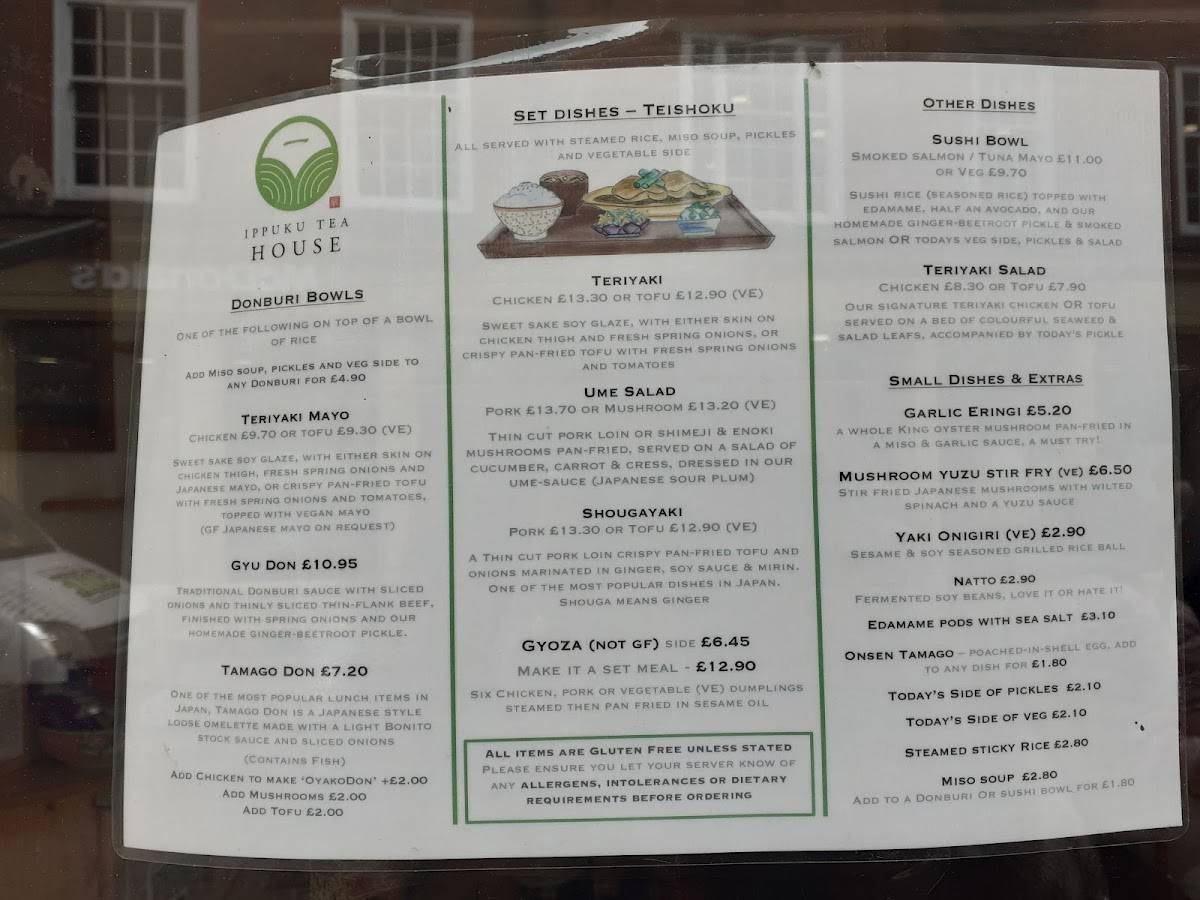 Menu at Ippuku Tea House cafe, York
