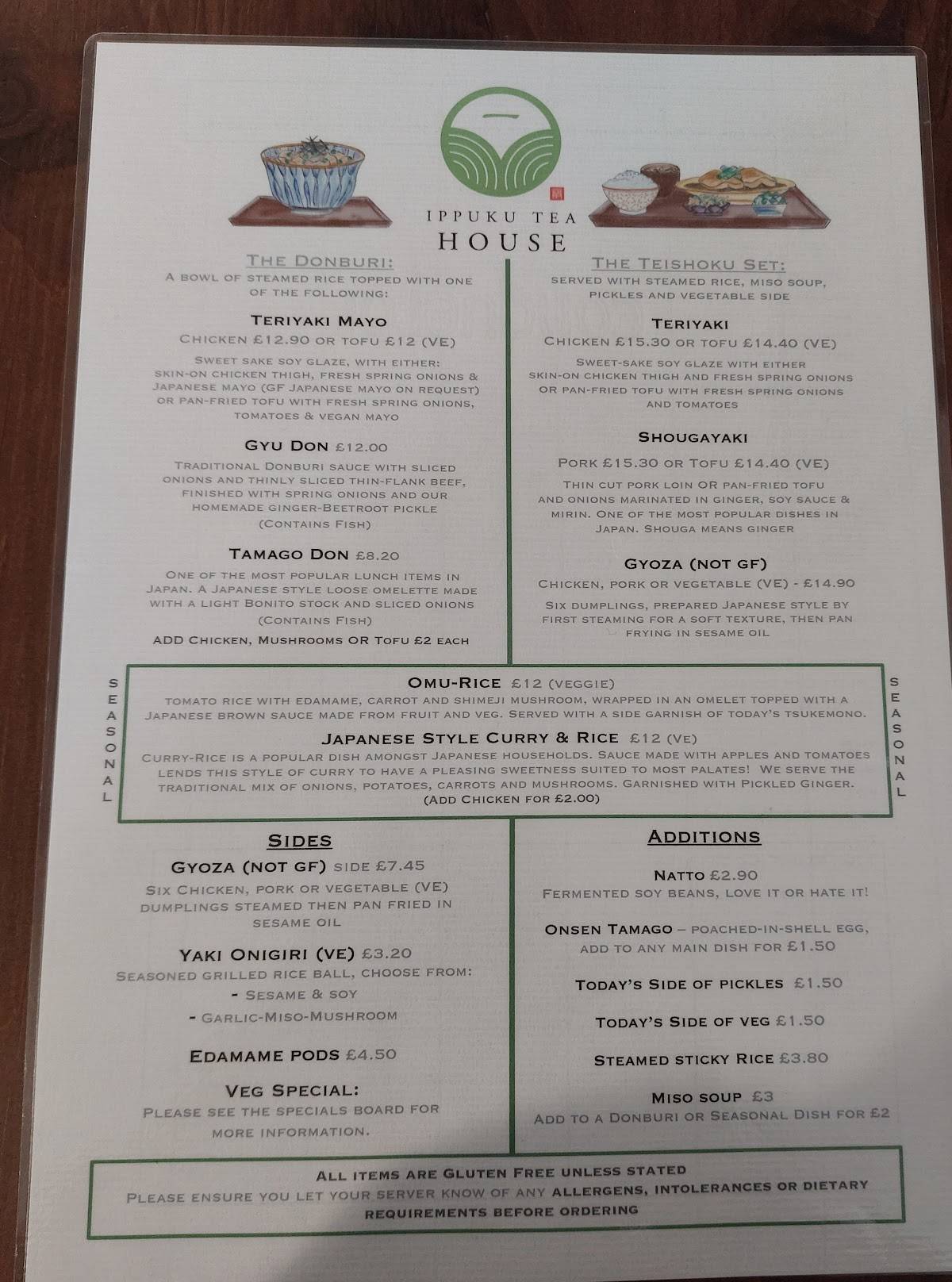 Menu at Ippuku Tea House cafe, York