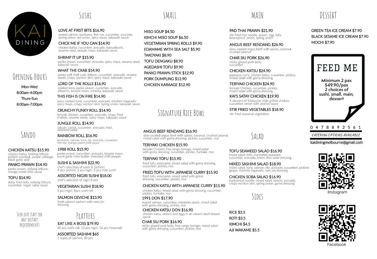Menu at Kai Dining cafe, South Yarra