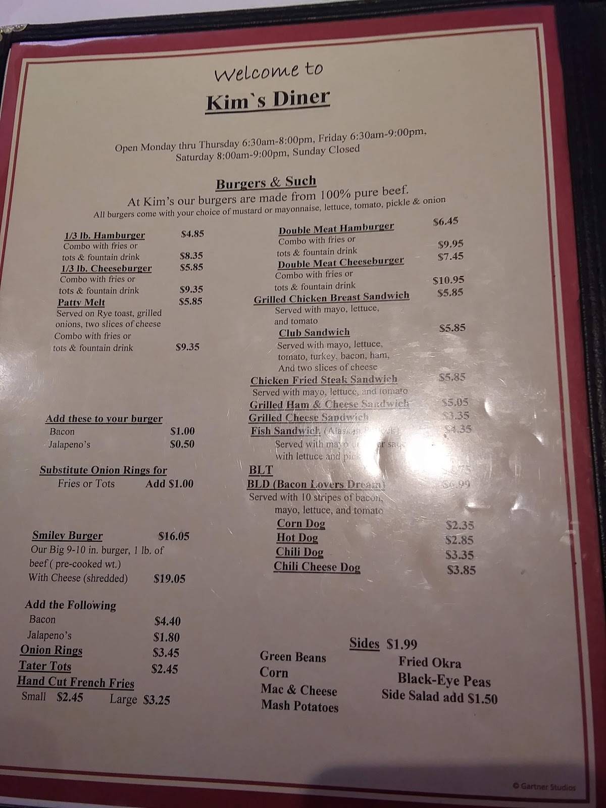 Menu at Kim's Diner cafe, Waco