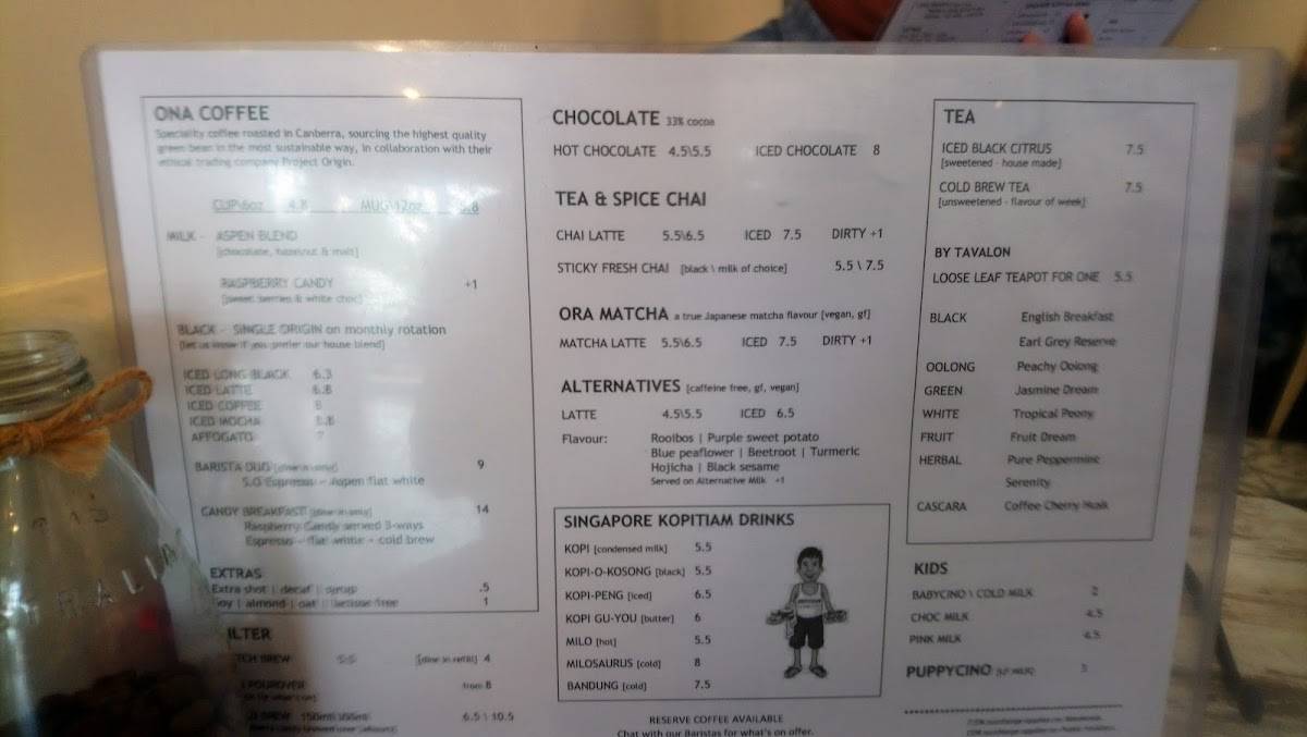 Menu at Kopi Stop cafe, Darwin City