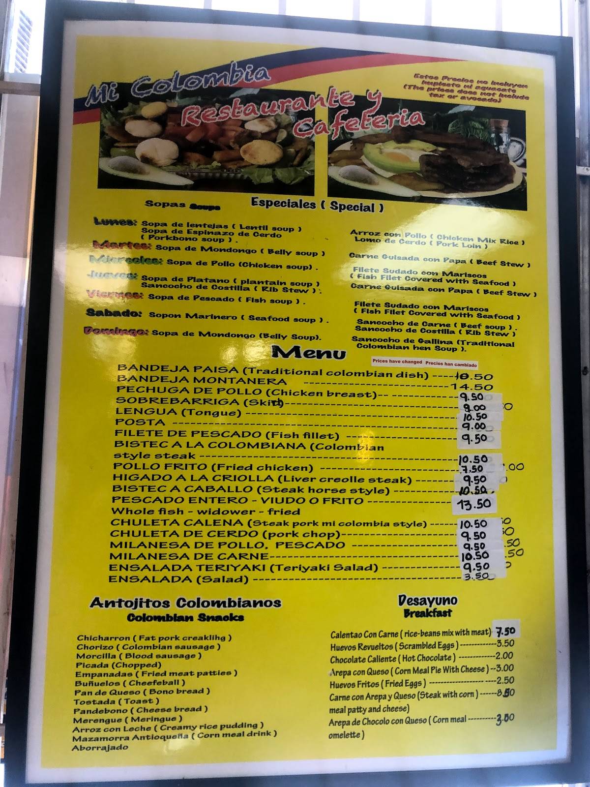 Menu at Mi Colombia cafeteria Miami Beach, Miami Beach