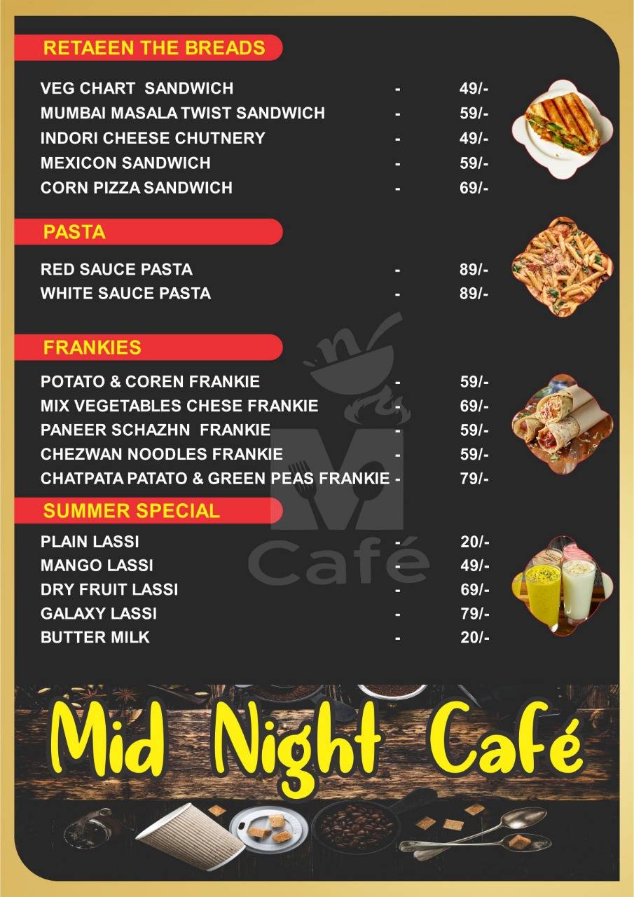 Menu at Mid Night Cafe, Indore