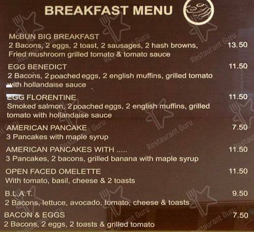 Menu at McBun Bakery & Coffee, Wellington