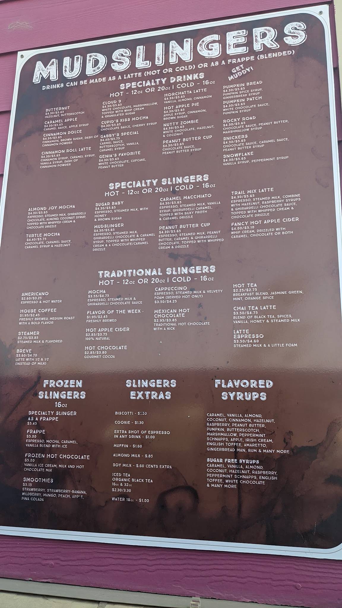 Menu at Mudslingers Drive Thru Coffee cafe, Indianola