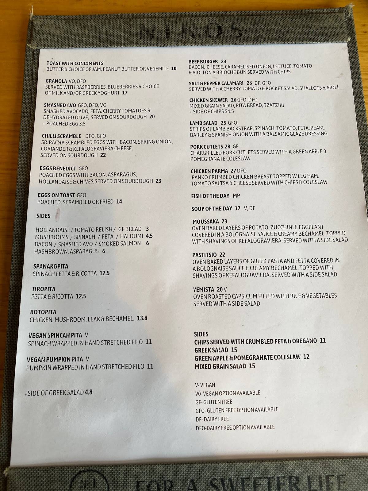 Menu at Nikos Fairfield cafe, Fairfield