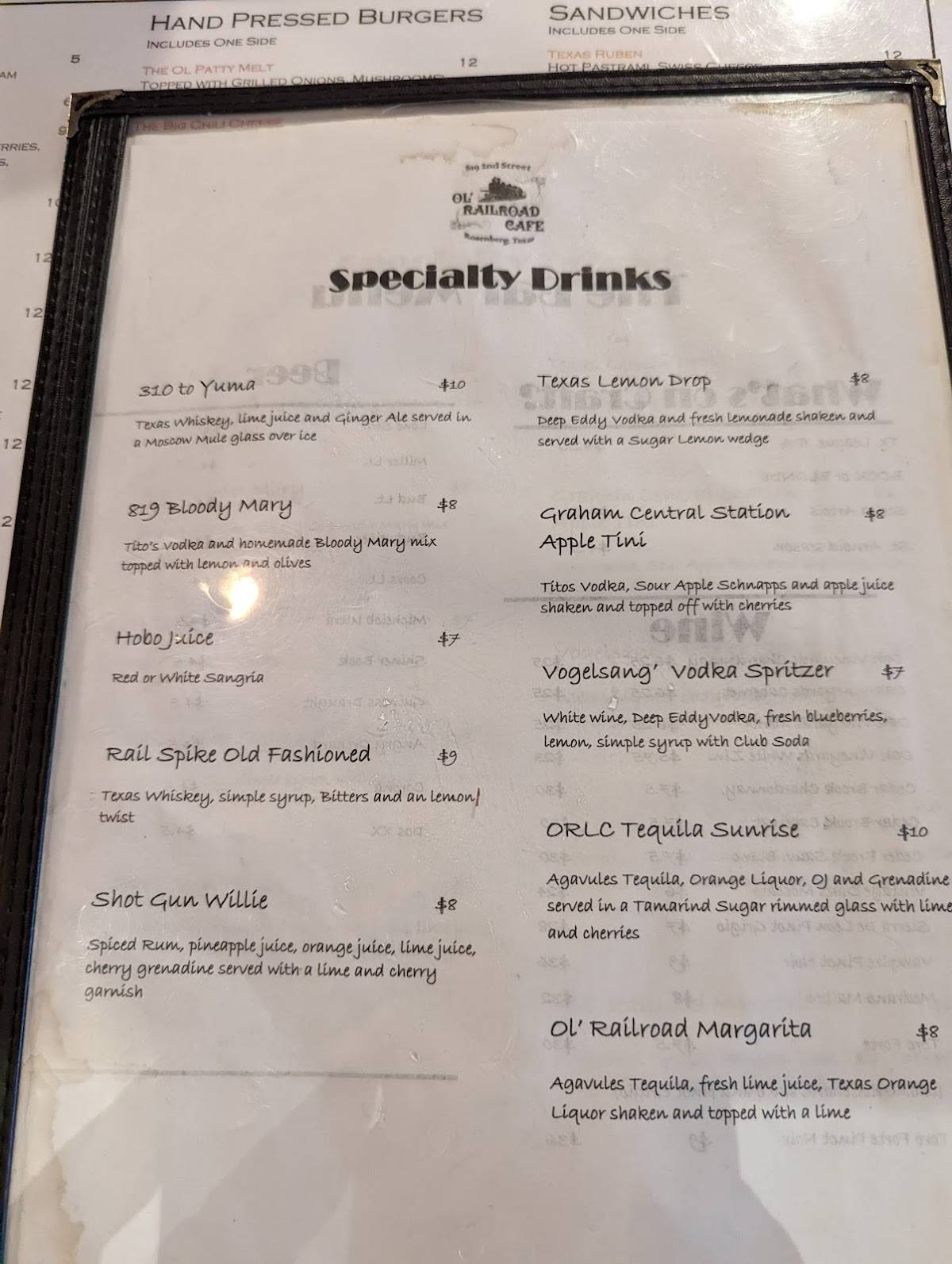 Menu at Ol' RailRoad Cafe, Rosenberg
