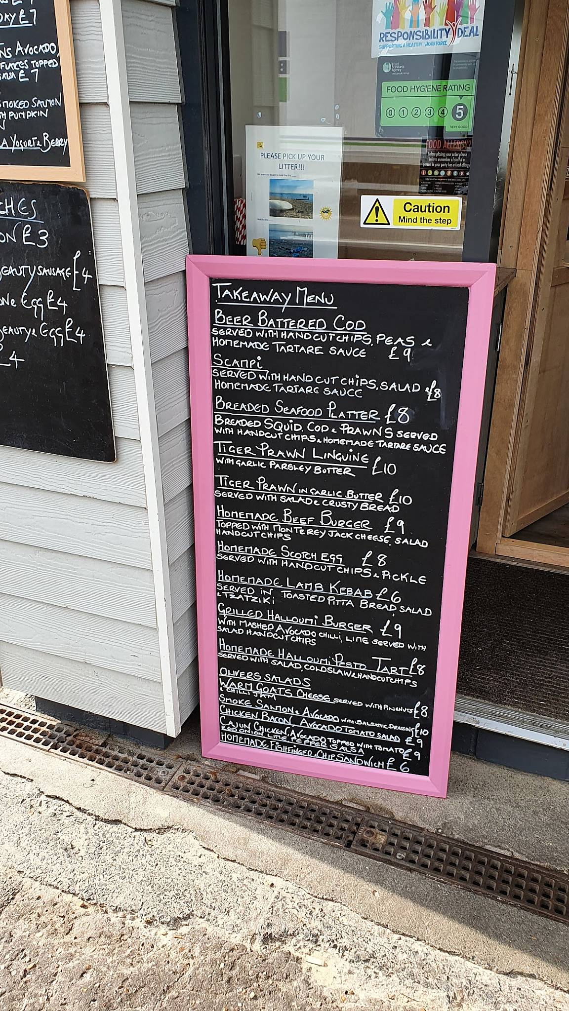 Menu at Oliver's on the Beach cafe, Southend-on-Sea