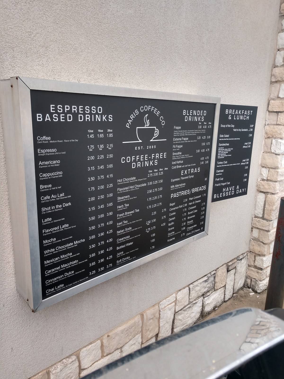 Menu at Paris Coffee Co cafe, Paris, 201 N Collegiate Dr #225
