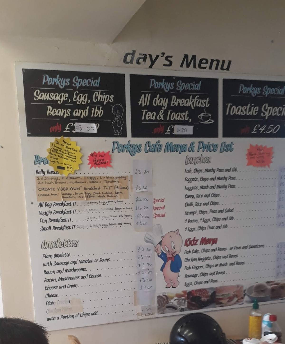 Menu at Porkys Cafe, Wednesbury