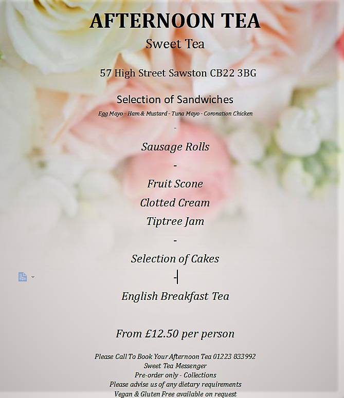 Menu at Sweet Tea cafe, Cambridge