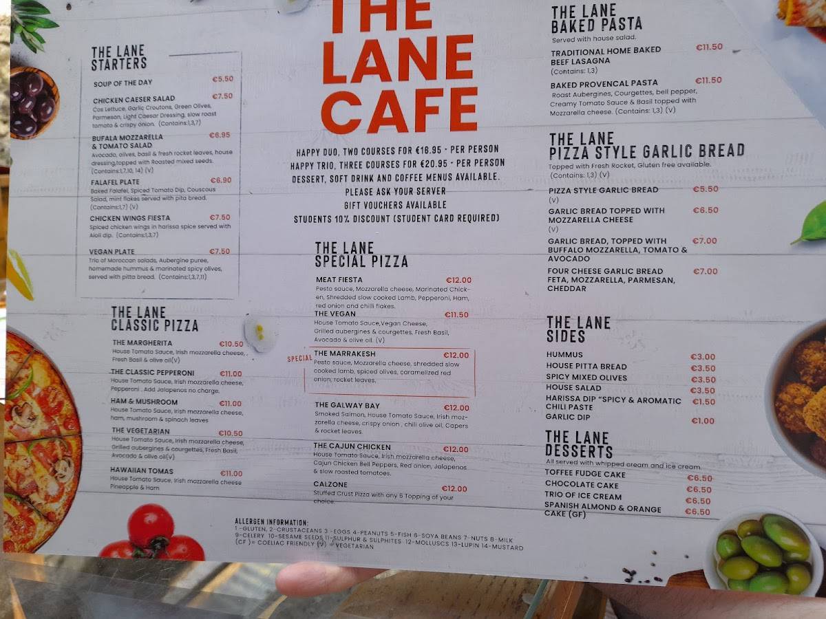 Menu at The Lane Cafe, Galway