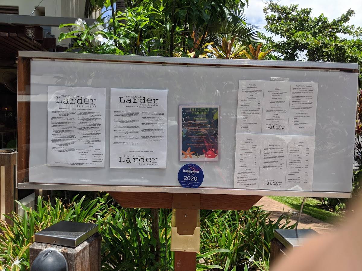 Menu at The Little Larder cafe, Port Douglas