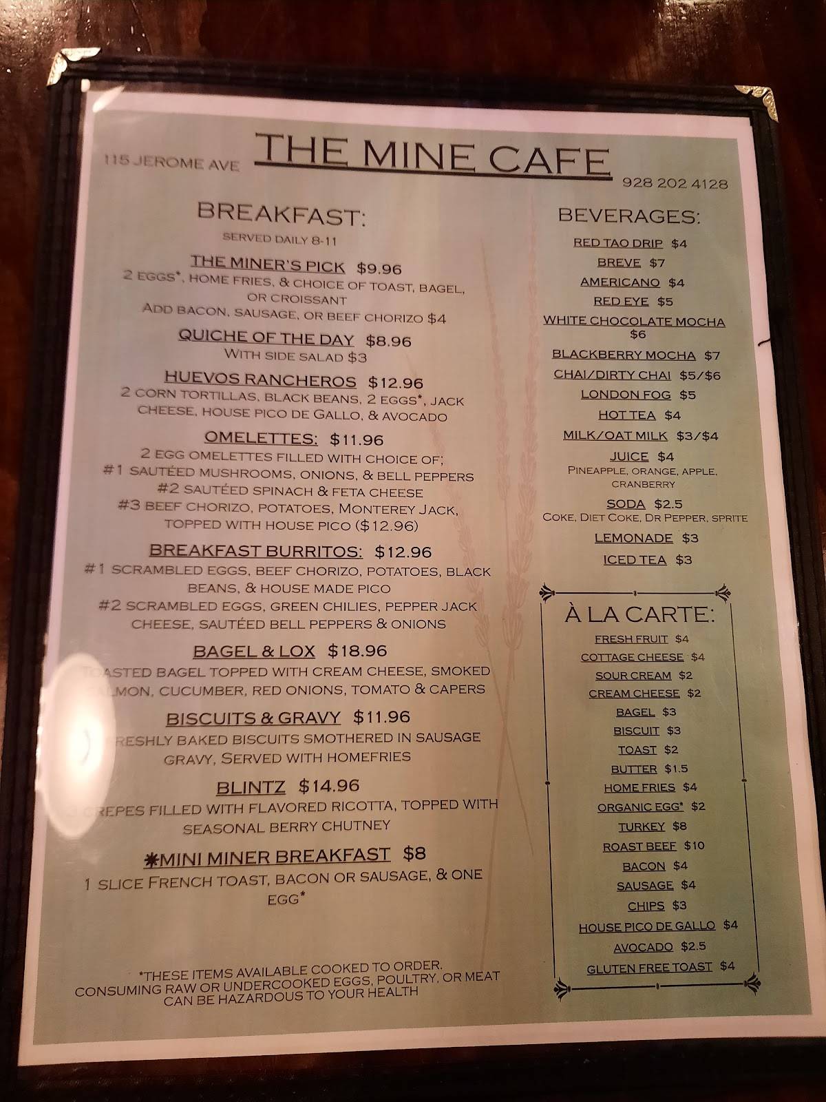Menu at The Mine Café cafe, Jerome