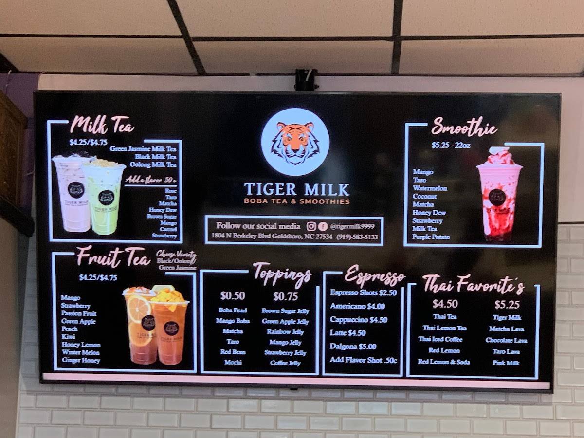 Menu at Tiger Milk Boba & Smoothies cafe, Goldsboro