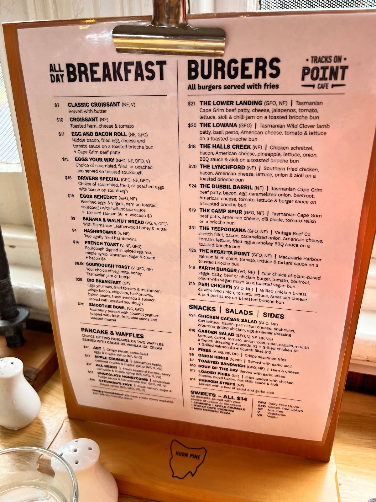 Menu at Tracks on Point cafe, Strahan
