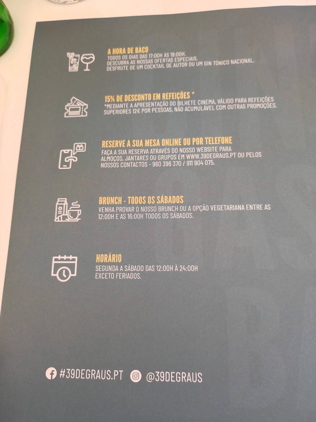 Menu at 39 Degraus cafeteria, Lisbon