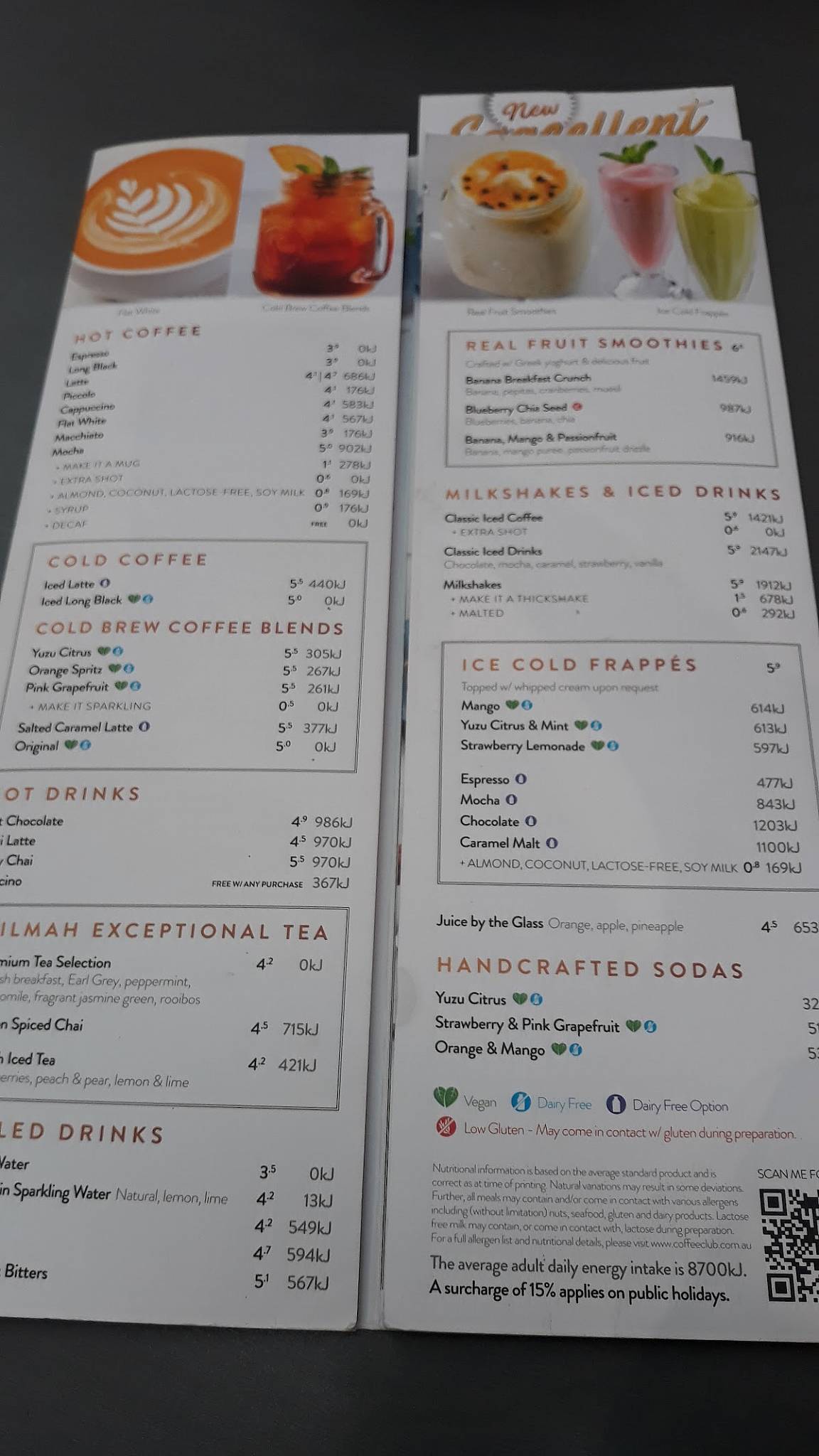 Carta de The Coffee Club, Cairns City, Shop KU0