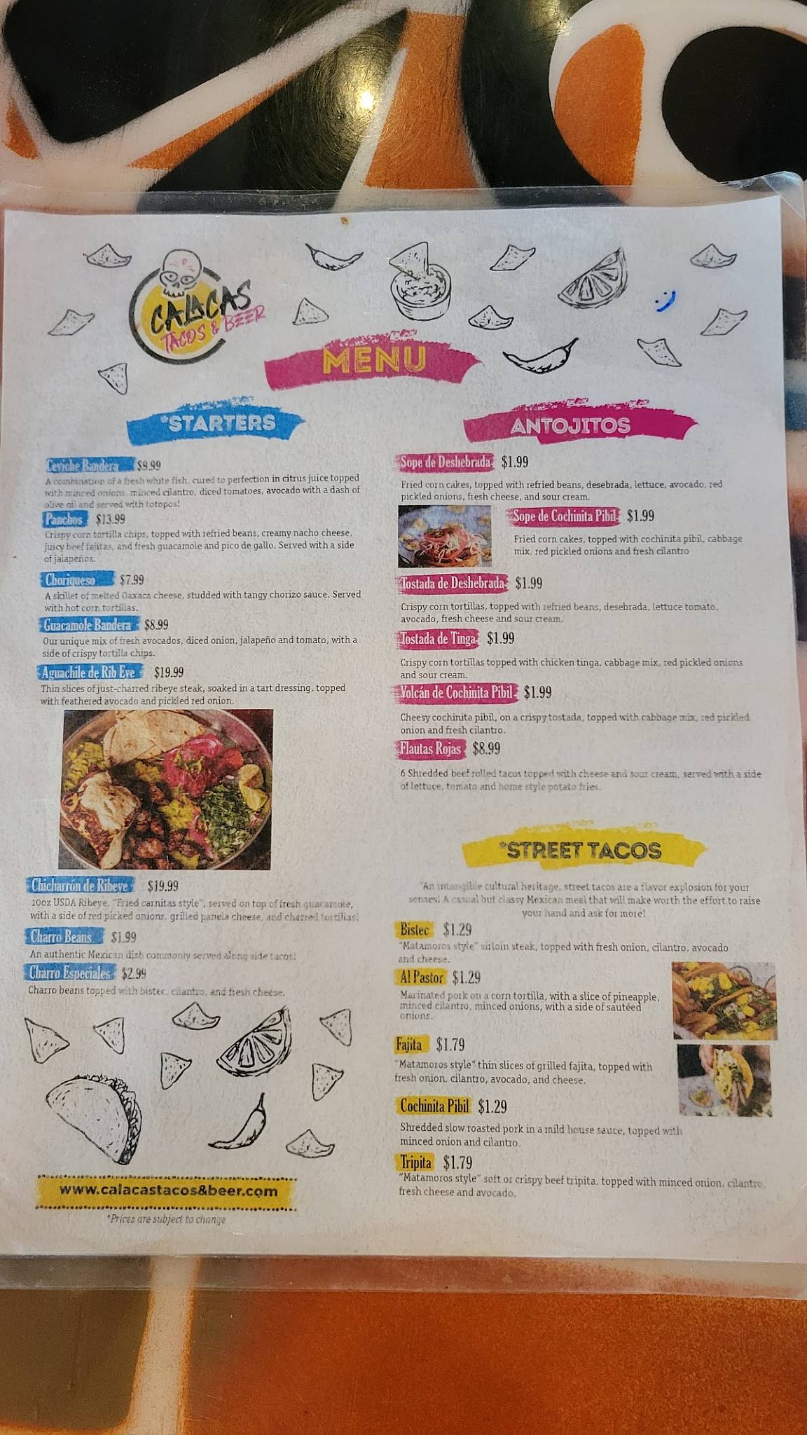 Menu at Calacas Tacos & Beer - Brownsville pub & bar, Brownsville