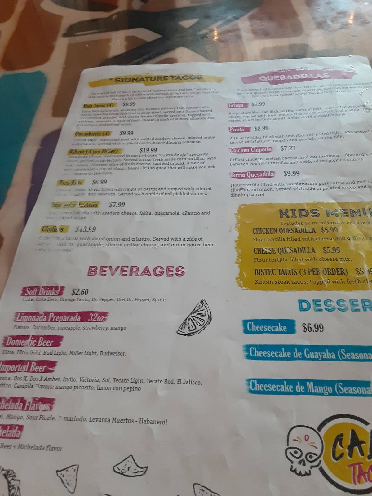 Menu at Calacas Tacos & Beer - Brownsville pub & bar, Brownsville